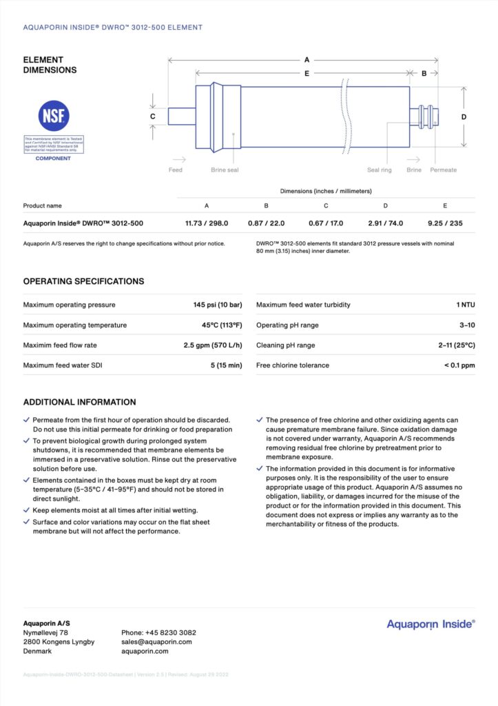 DWRO™ 3012-500 - Module Specifications - Aquaporin